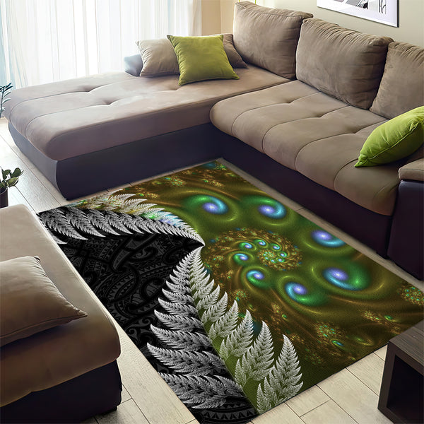 New Zealand Area Rug Koru Abstract Art and Silver Fern Maori Pattern LT03