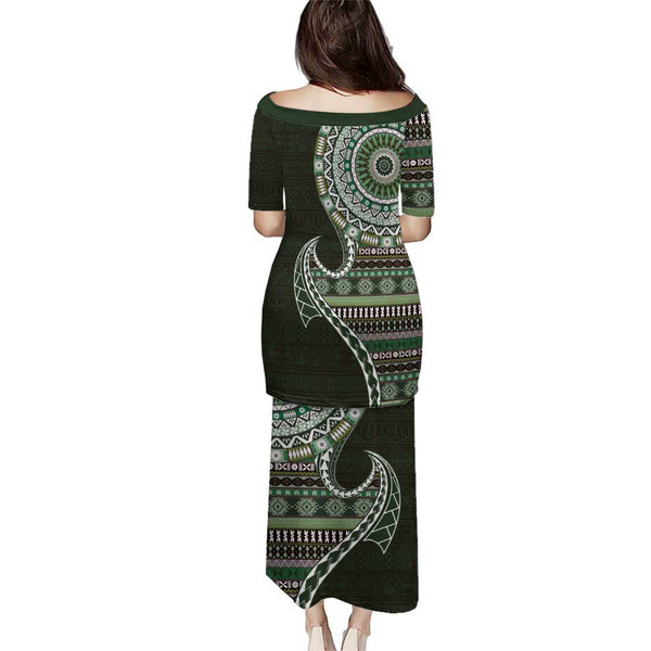 Fijian Masi Tribal Tattoos Art Pattern Puletasi Green Color Half Style LT03
