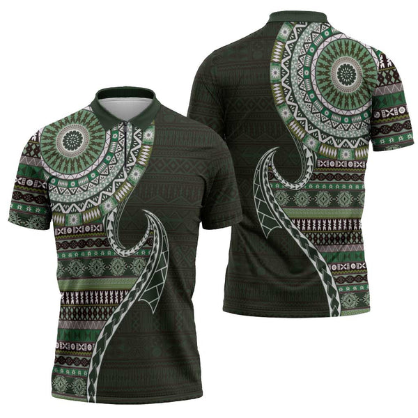 Fijian Masi Tribal Tattoos Art Pattern Zipper Polo Shirt Green Color ...