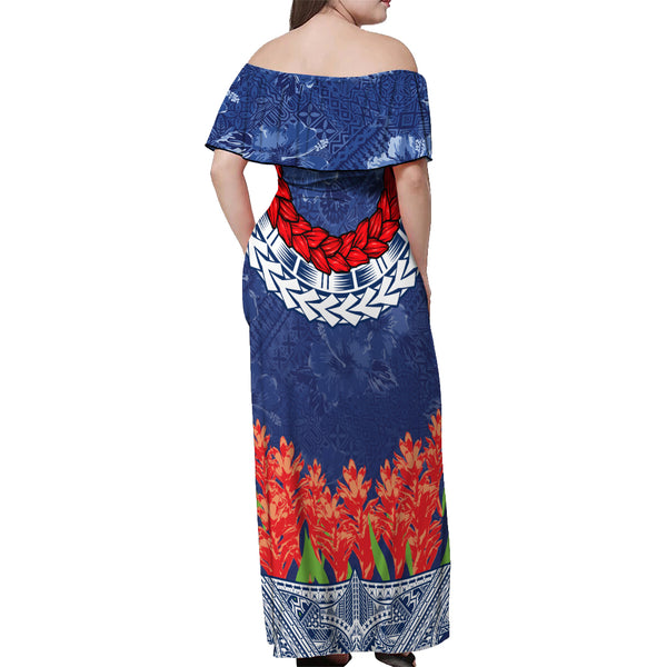 Samoan Tapa Off Shoulder Maxi Dress Ula Fala and Teuila Flower LT03