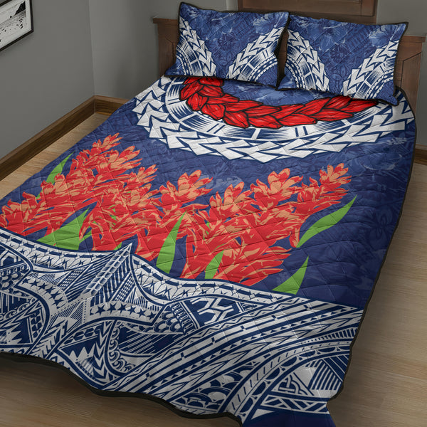 Samoan Tapa Quilt Bed Set Ula Fala and Teuila Flower LT03