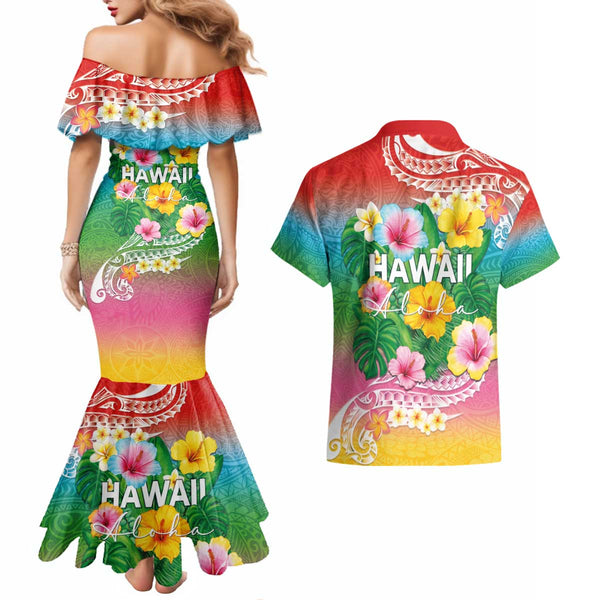 Hawaii Aloha Tropical Leaves and Flower Couples Matching Mermaid Dress ...
