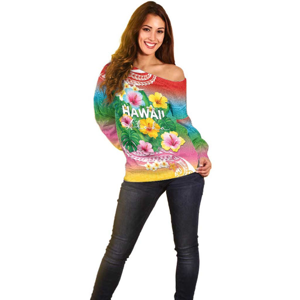 Hawaii Aloha Tropical Leaves and Flower Off Shoulder Sweater with ...