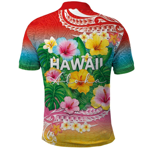 Hawaii Aloha Tropical Leaves and Flower Polo Shirt with Polynesian Art ...