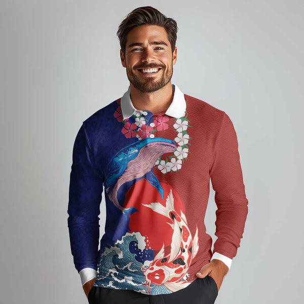 Hawaiian and Japanese Together Long Sleeve Polo Shirt The Whale and Koi ...