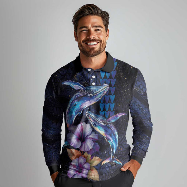 Hawaiian Whales Love Couple Long Sleeve Polo Shirt Hibiscus and Kakau ...