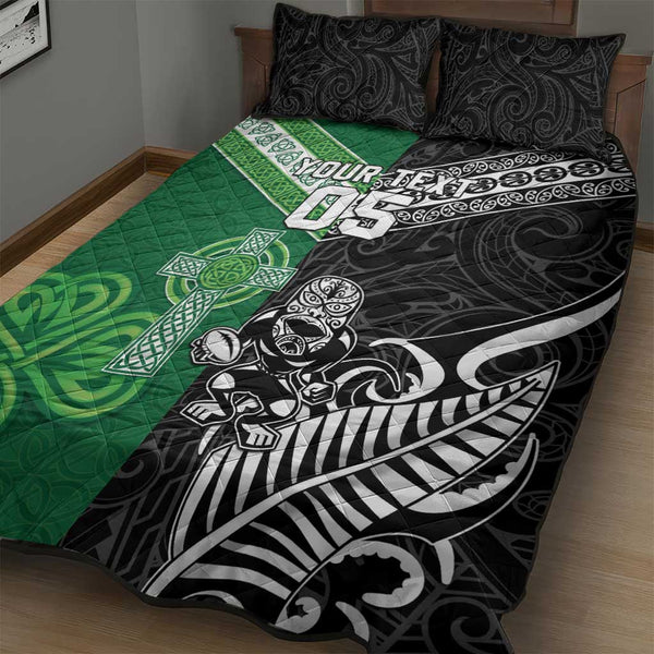 New Zealand And Ireland Rugby Custom Quilt Bed Set Maori Tiki With ...