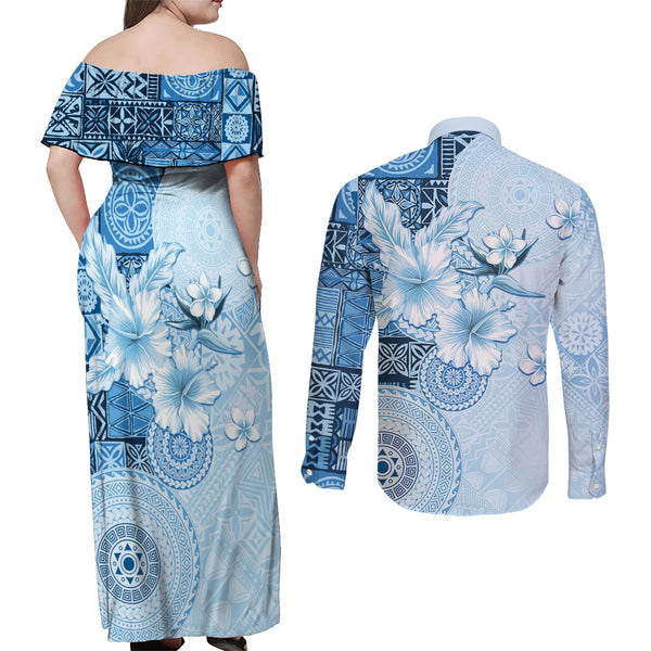 Hawaii Tapa Pattern With Blue Hibiscus Couples Matching Off Shoulder ...
