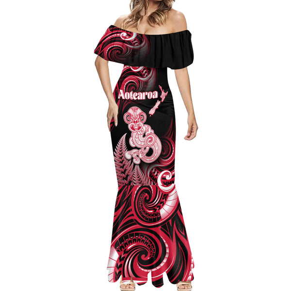 Personalised New Zealand Maori Taniwha Mermaid Dress Silver Fern Red ...