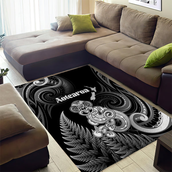 New Zealand Maori Taniwha Area Rug Silver Fern Black Version LT05