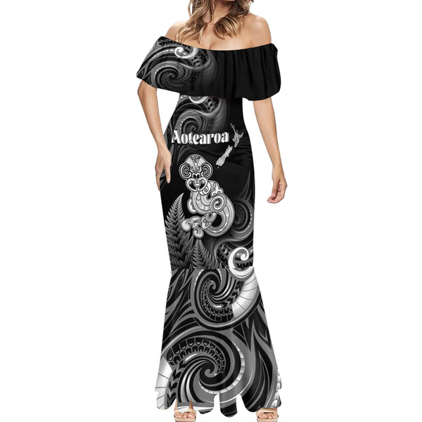 Personalised New Zealand Maori Taniwha Mermaid Dress Silver Fern Black ...