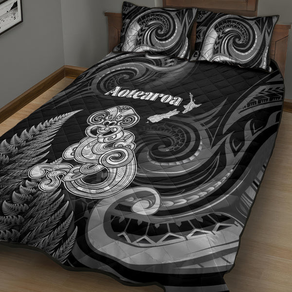 New Zealand Maori Taniwha Quilt Bed Set Silver Fern Black Version LT05