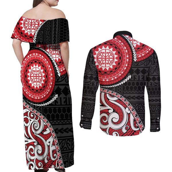 New Zealand Red Maori Koru Simple Style Couples Matching Off Shoulder Maxi Dress and Long Sleeve ...