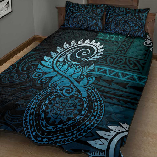 New Zealand Maori Koru Fern Quilt Bed Set Spiral Polynesian Style Aqua ...