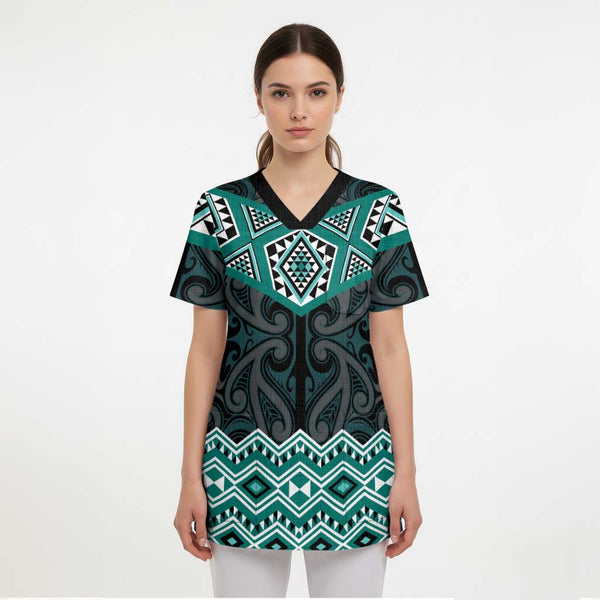 New Zealand Aotearoa Scrub Top Turquoise Taniko Art Maori Pattern LT05