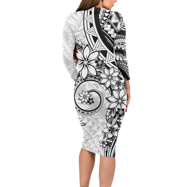 Polynesian Pattern With Plumeria Flowers Long Sleeve Bodycon Dress ...
