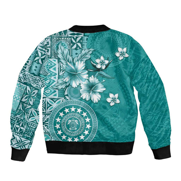 Cook Islands Bomber Jacket Teal Hibiscus And Stars LT05