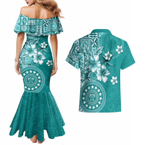 Cook Islands Couples Matching Mermaid Dress and Hawaiian Shirt Teal ...