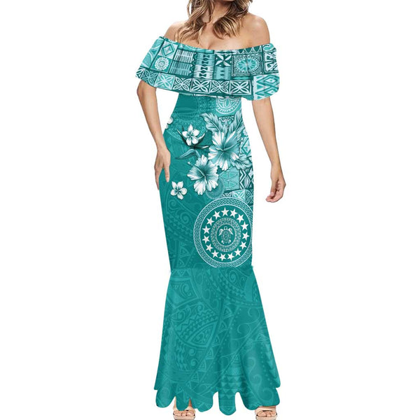 Cook Islands Mermaid Dress Teal Hibiscus And Stars LT05