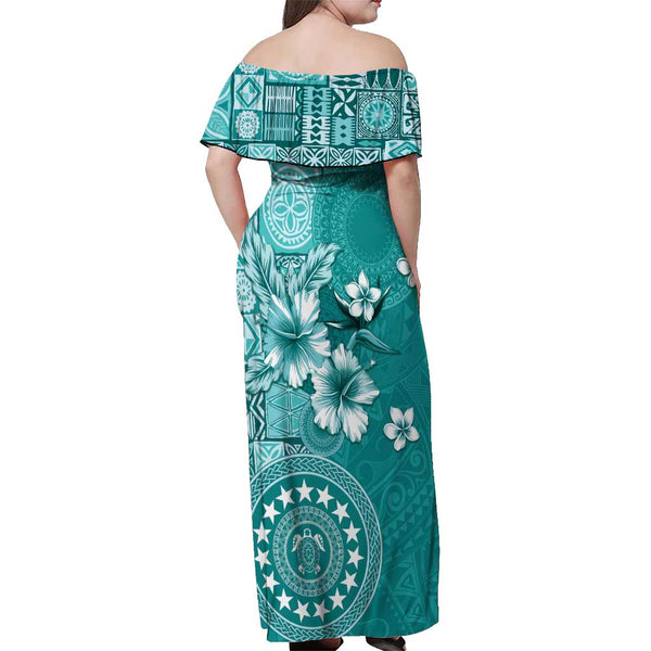 Cook Islands Off Shoulder Maxi Dress Teal Hibiscus And Stars LT05