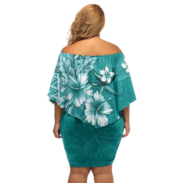 Cook Islands Off Shoulder Short Dress Teal Hibiscus And Stars LT05