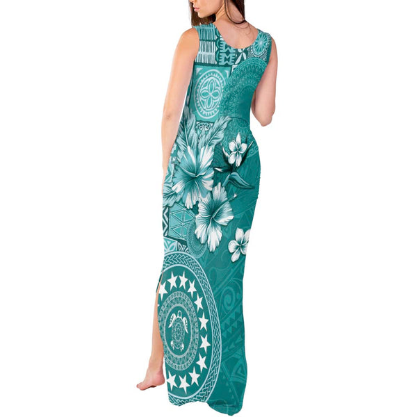 Cook Islands Tank Maxi Dress Teal Hibiscus And Stars LT05
