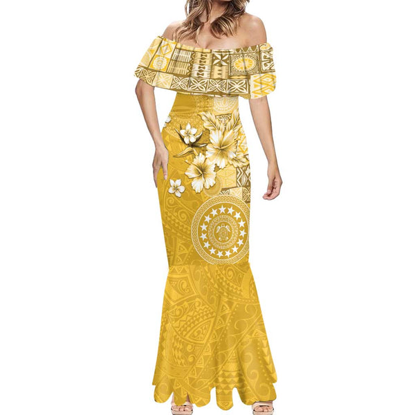 Cook Islands Mermaid Dress Yellow Hibiscus And Stars LT05