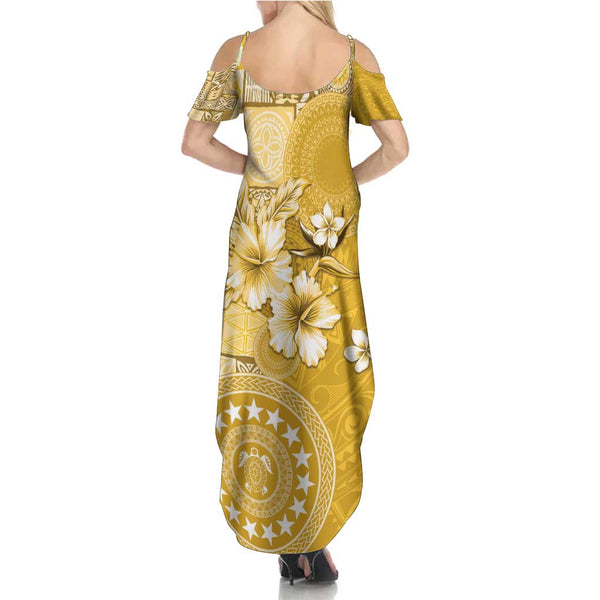 Cook Islands Summer Maxi Dress Yellow Hibiscus And Stars LT05