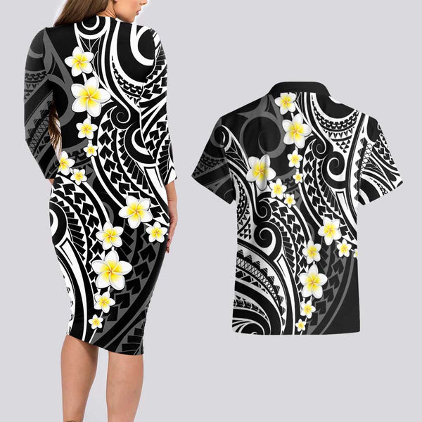Plumeria With Black Polynesian Tattoo Pattern Couples Matching Long Sleeve Bodycon Dress and ...