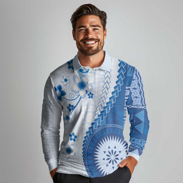 Bula Fiji Long Sleeve Polo Shirt Blue Plumeria Masi Tapa Pattern LT05