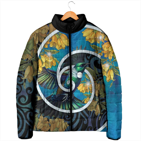 New Zealand Tui Bird Padded Jacket Maori Koru With Kowhai Flowers LT05