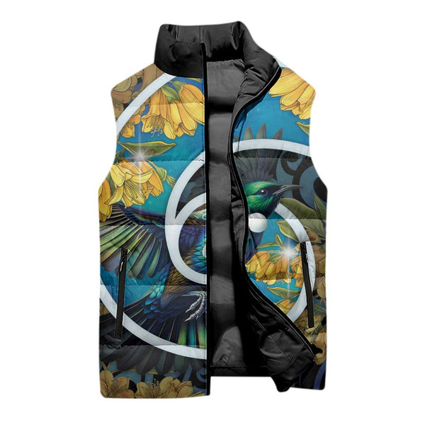 New Zealand Tui Bird Sleeveless Puffer Jacket Maori Koru With Kowhai ...