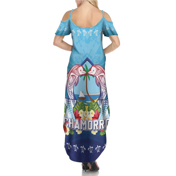 Guam Chamorro Summer Maxi Dress Tribal Latte Stone With Dolphins Blue LT05
