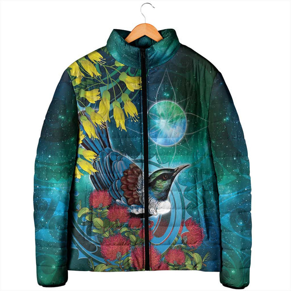 New Zealand Tui Bird Padded Jacket Maori Koru With Pohutukawa Galaxy ...