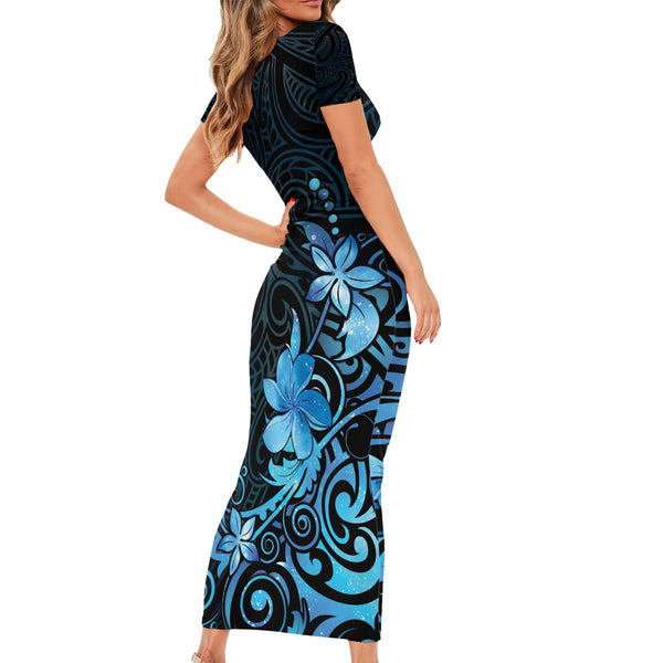 Matariki New Zealand Short Sleeve Bodycon Dress Maori Pattern Blue ...