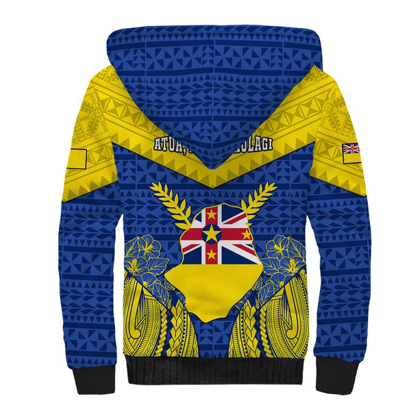 Niue Constitution Day Sherpa Hoodie Coat Of Arms Niuean Hiapo Pattern LT05