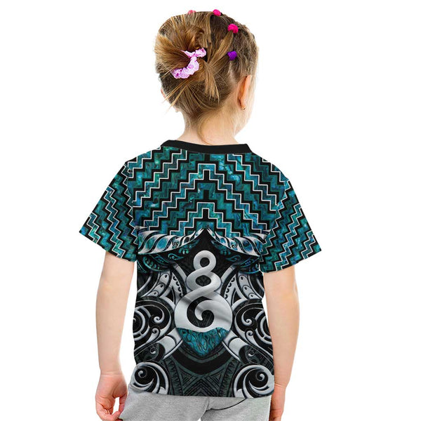 New Zealand Maori Kid T Shirt Poutama Pikorua Turquoise Paua Shell LT05