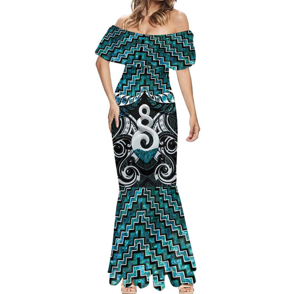 New Zealand Maori Mermaid Dress Poutama Pikorua Turquoise Paua Shell LT05