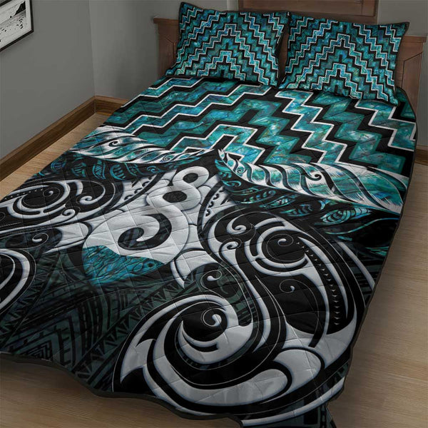 New Zealand Maori Quilt Bed Set Poutama Pikorua Turquoise Paua Shell LT05