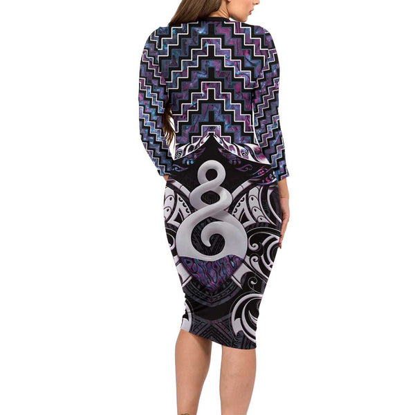 New Zealand Maori Long Sleeve Bodycon Dress Poutama Pikorua Purple Paua ...