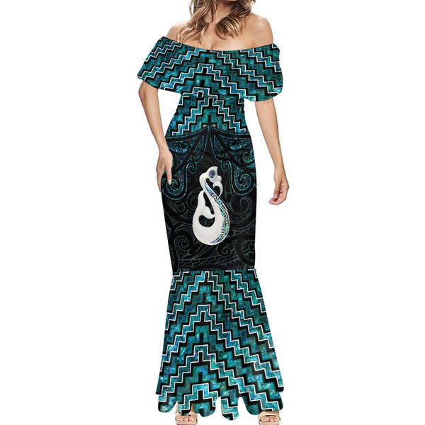 New Zealand Maori Mermaid Dress Poutama Manaia Turquoise Paua Shell LT05