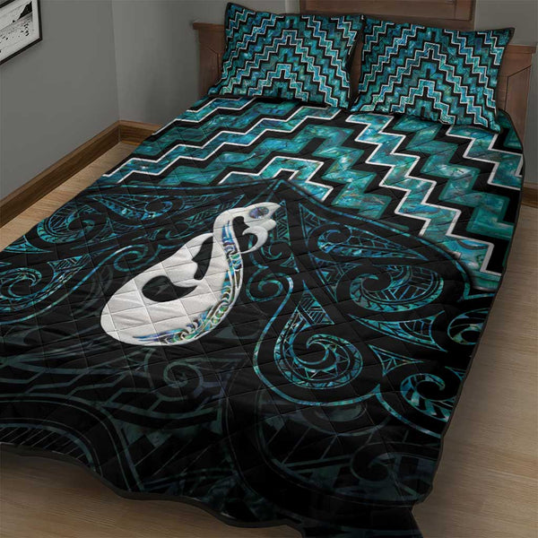 New Zealand Maori Quilt Bed Set Poutama Manaia Turquoise Paua Shell LT05