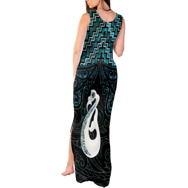 New Zealand Maori Tank Maxi Dress Poutama Manaia Turquoise Paua Shell LT05