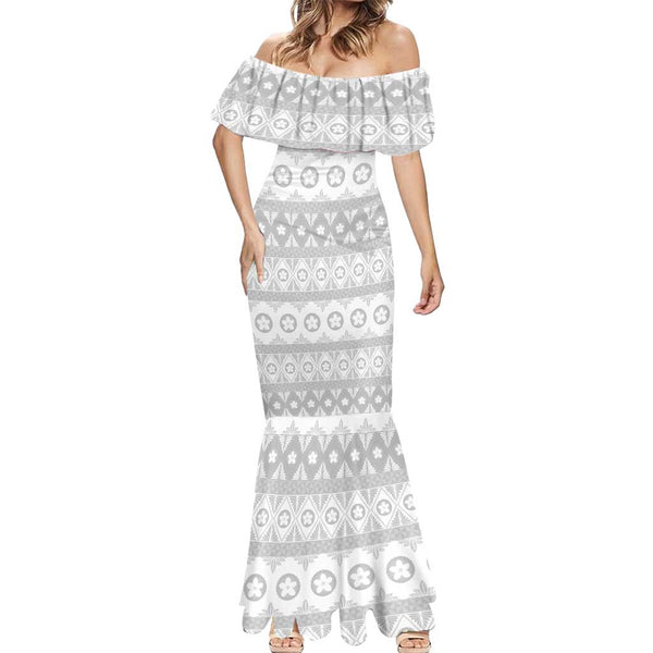 Tonga White Sunday Mermaid Dress Tongan Ngatu Siale Pattern LT05