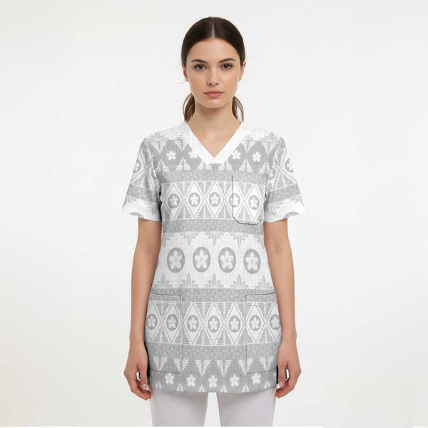Tonga White Sunday Scrub Top Tongan Ngatu Siale Pattern LT05