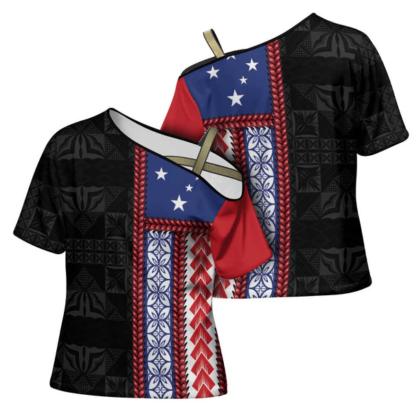 Samoa Flag Cross Shoulder Shirt Ula Fala With Samoan Siapo LT05