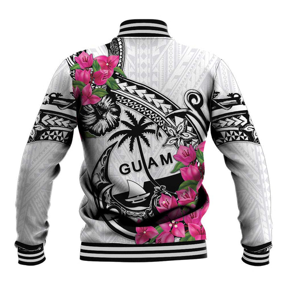 Guam Chamorro Baseball Jacket Bougainvillea White Polynesian Tribal ...