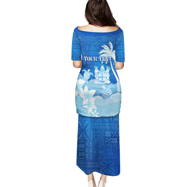 Personalised Bula Fiji Puletasi Fijian Masi Pattern With Blue Coat Of ...