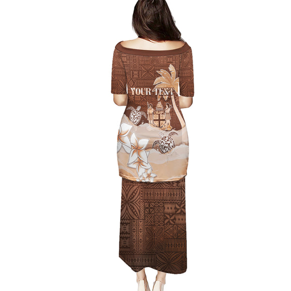 Personalised Bula Fiji Puletasi Fijian Masi Pattern With Brown Coat Of ...