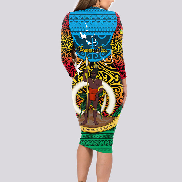 Vanuatu Torba Province Long Sleeve Bodycon Dress Vanuatuan Coat Of Arms ...